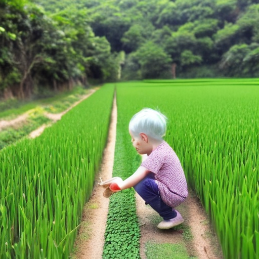 Openjourney prompt: A lovely child eats，Green rice fields - PromptHero