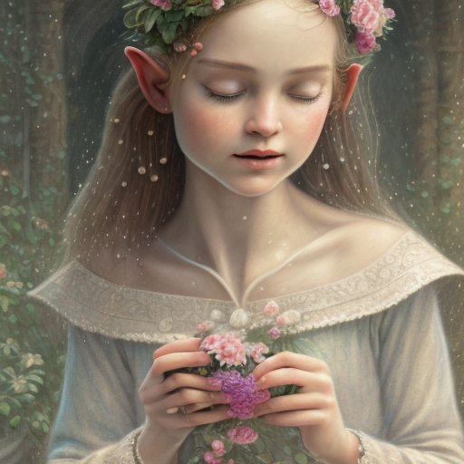 Openjourney prompt: Elf smelling a flower | rainy day | - PromptHero