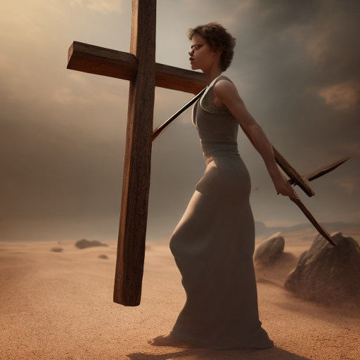 Openjourney prompt: photo of a woman carrying a cross on - PromptHero