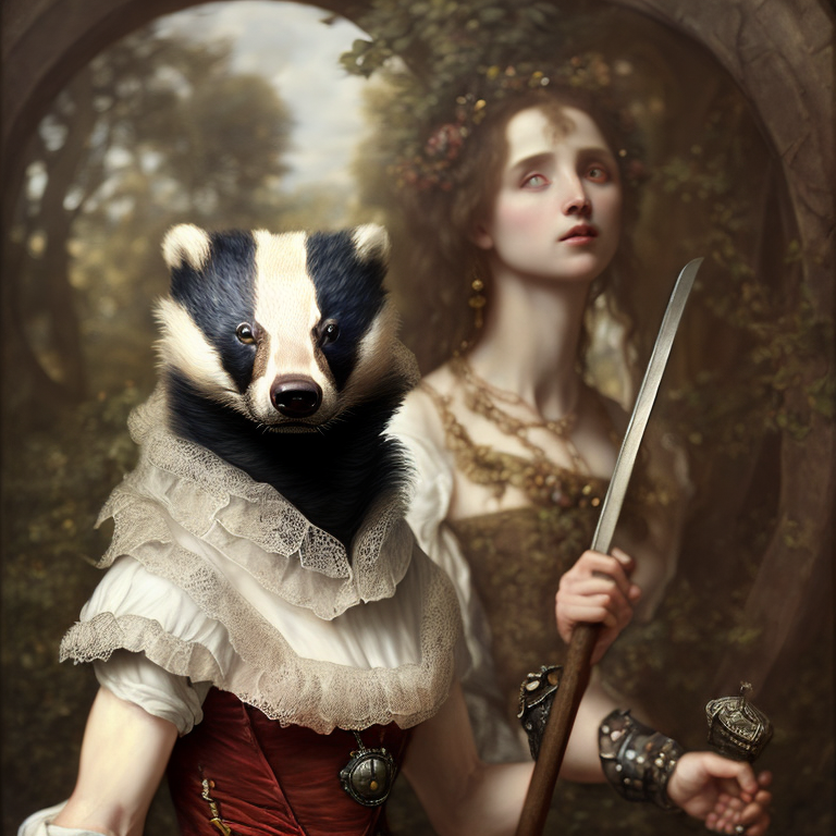 Openjourney prompt: badger wearing a medieval dress, - PromptHero