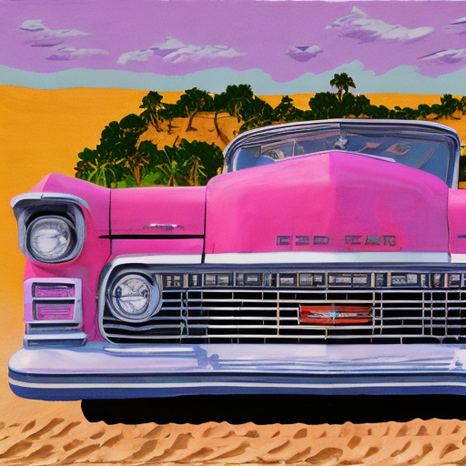 Openjourney prompt: Modern pink cadillac on a beach. - PromptHero