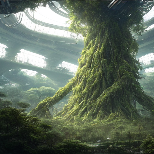 Openjourney prompt: lush vegetation inside a huge sci-fi - PromptHero