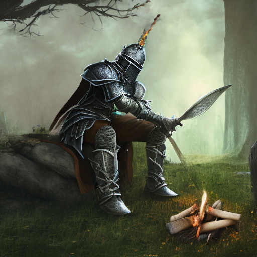 Openjourney prompt: Photo a fantasy knight sitting by a - PromptHero