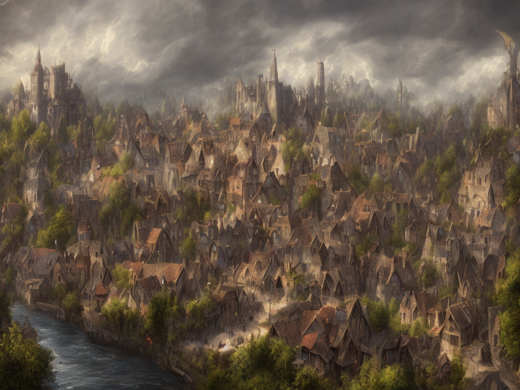 Openjourney prompt: medieval town near river, broken - PromptHero