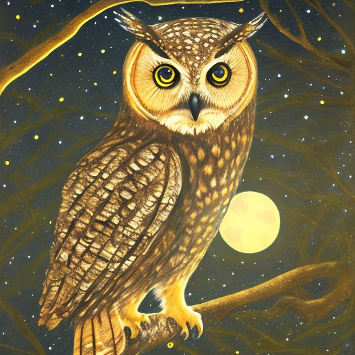 Openjourney prompt: owl in a tree at night with a full - PromptHero