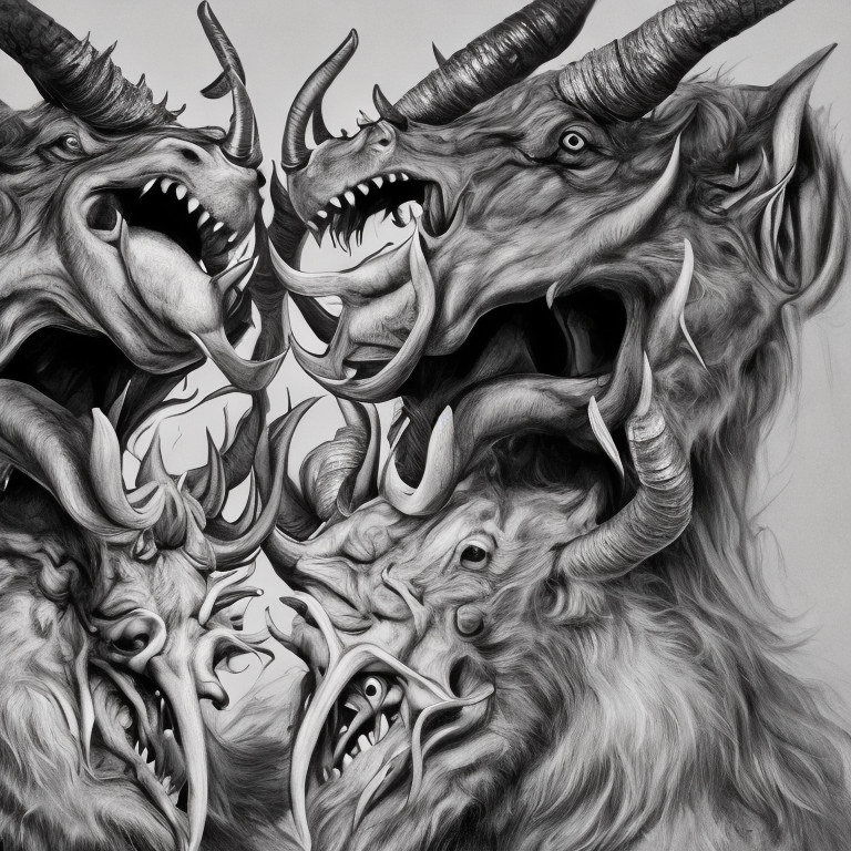 Openjourney prompt: 2 horned devil heads, with tongue - PromptHero