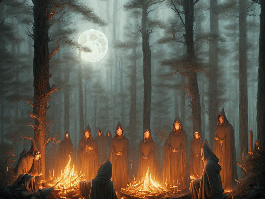 Openjourney prompt: illustration of a hooded coven around - PromptHero