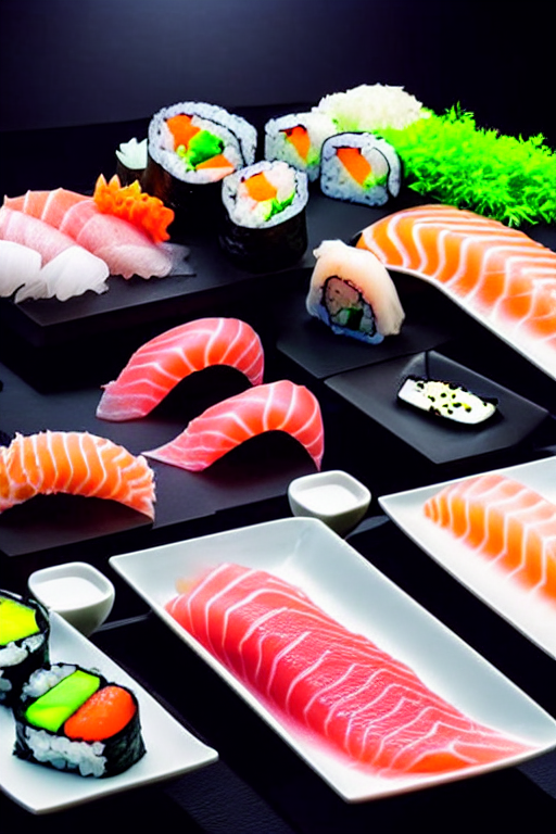 Stable Diffusion prompt: futuristic sushi on a table, - PromptHero