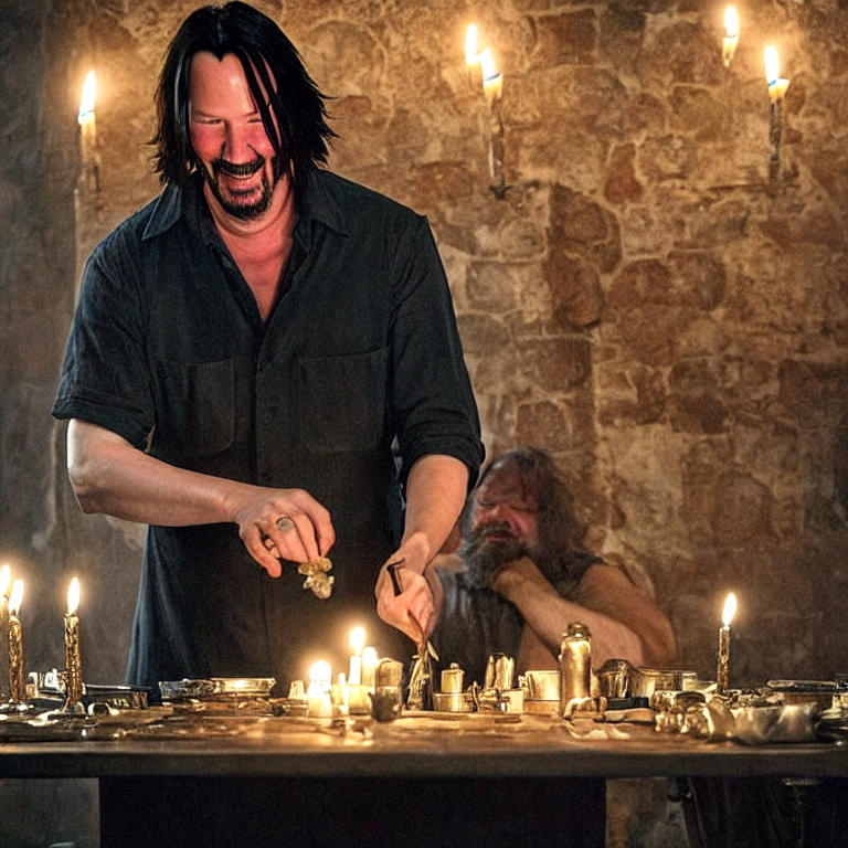 Stable Diffusion prompt: keanu reeves as fat drunk tavern - PromptHero