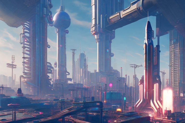 Openjourney prompt: a cyberpunk rocket launch pad, with - PromptHero