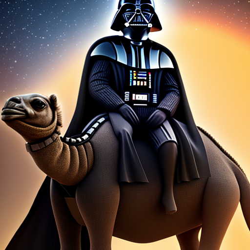 Openjourney prompt: Darth Vader Sitting on a camel in - PromptHero