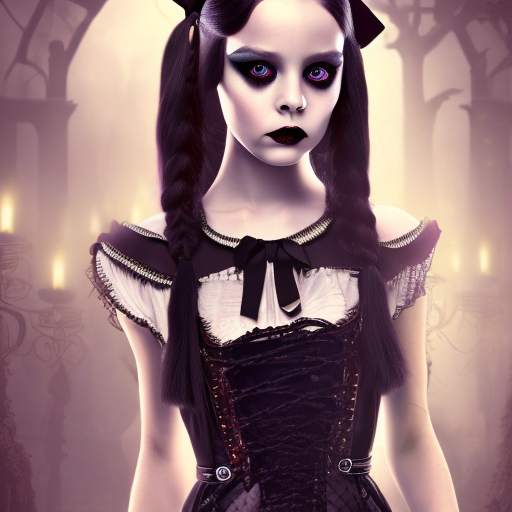 Openjourney prompt: Young stunning wednesday addams evil - PromptHero