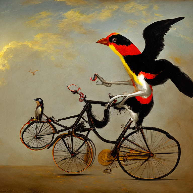 Openjourney prompt: a brightly colored bird riding a - PromptHero