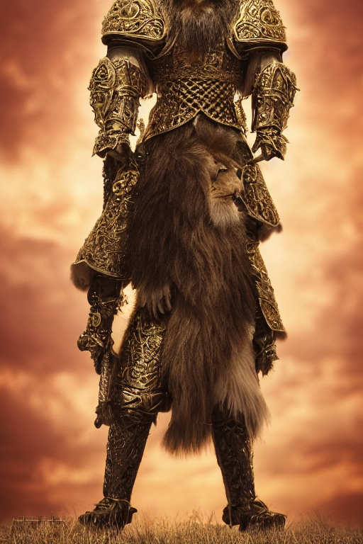 Stable Diffusion prompt: kneeling lion knight, long fur, - PromptHero