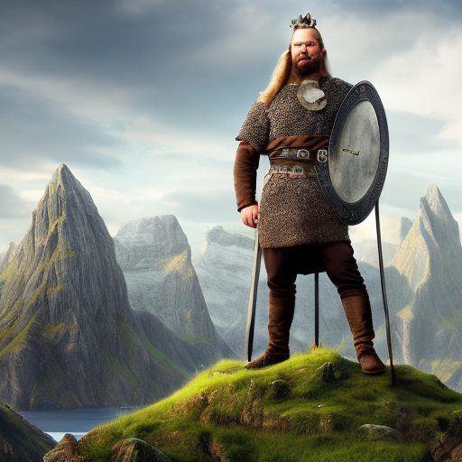 Openjourney prompt: a Viking king standing on a hill, - PromptHero