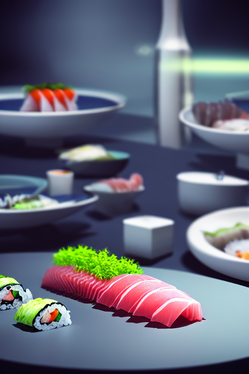 Stable Diffusion prompt: futuristic sushi on a table, - PromptHero