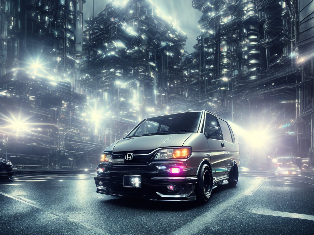 Openjourney prompt: Honda van, shimmery metallic black - PromptHero