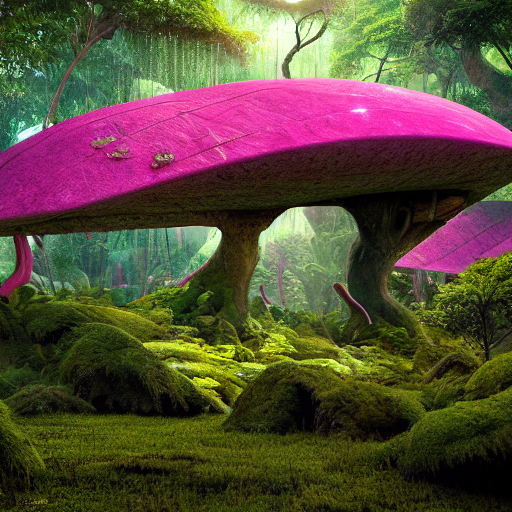 Stable Diffusion prompt: Pink spaceship landed in dense - PromptHero