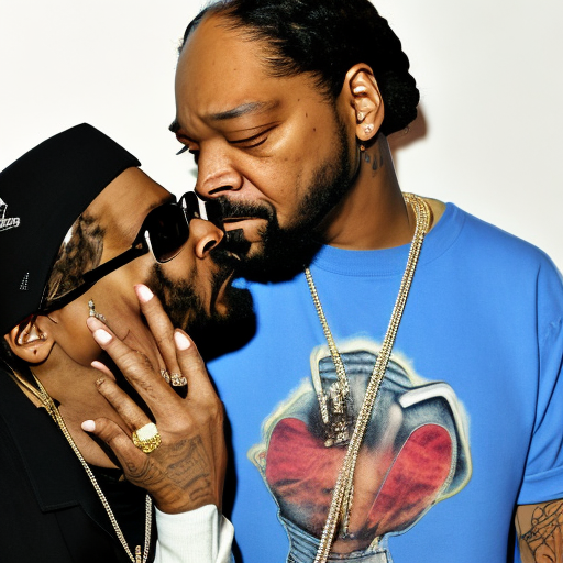 Openjourney prompt: rapper Ice Cube kissing rapper snoop - PromptHero