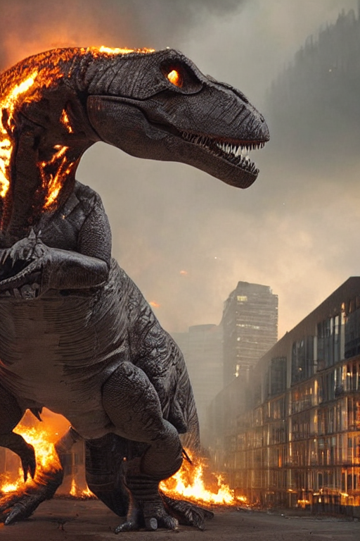 Stable Diffusion prompt: t-rex with many buildings behind - PromptHero