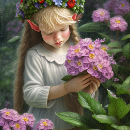 Openjourney prompt: Elf smelling a flower | rainy day | - PromptHero