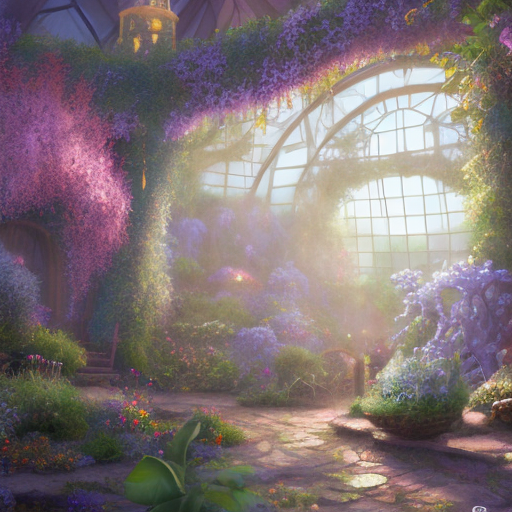 Openjourney prompt: magic greenhouse, flowers, wizards, - PromptHero