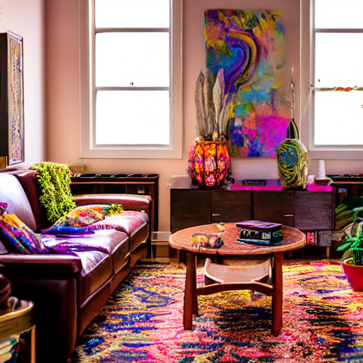 Stable Diffusion prompt: Cozy yet psychadelic living room - PromptHero