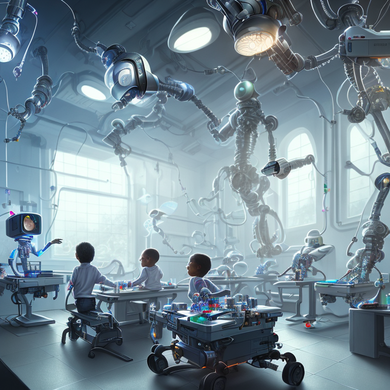 Openjourney prompt: Childs in a classroom with cyborg - PromptHero