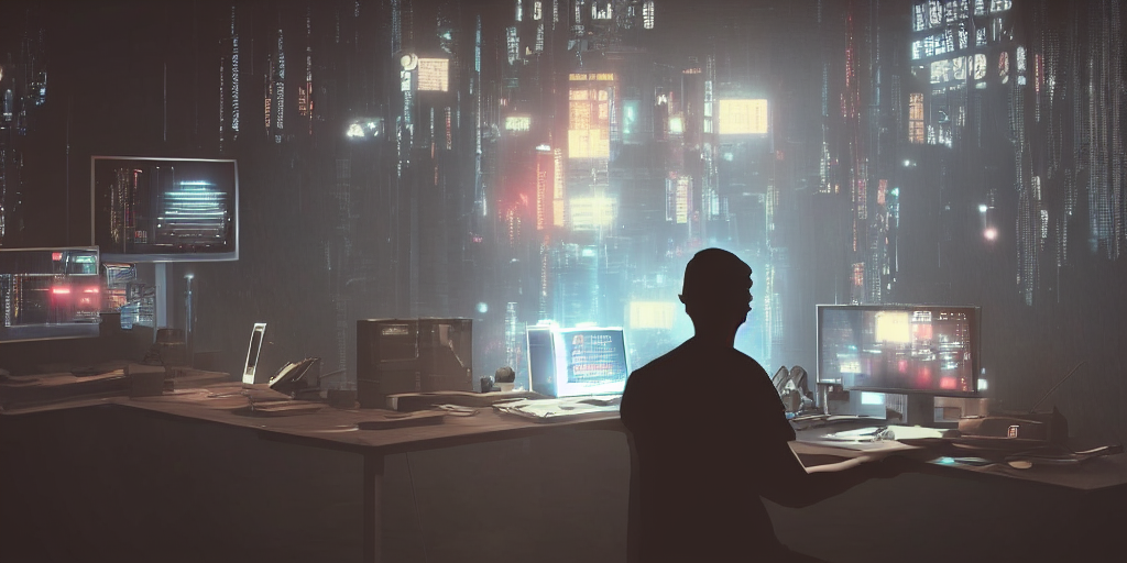 Stable Diffusion prompt: A man at a computer is working - PromptHero