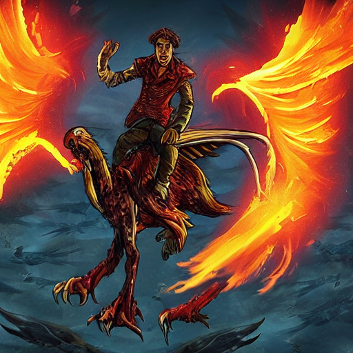 Stable Diffusion prompt: A young man riding a phoenix - PromptHero