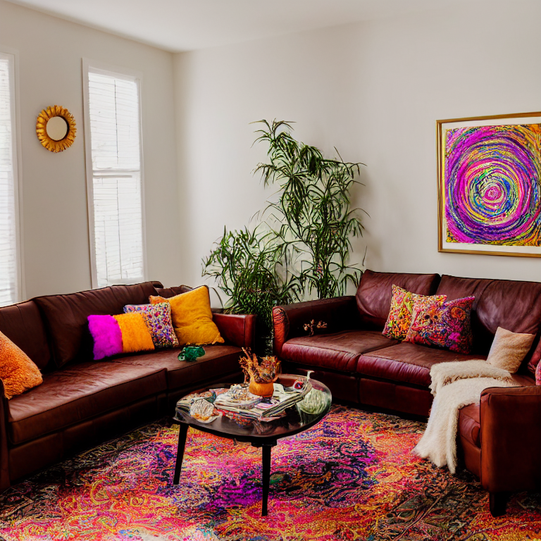 Stable Diffusion prompt: Cozy yet psychadelic living room - PromptHero