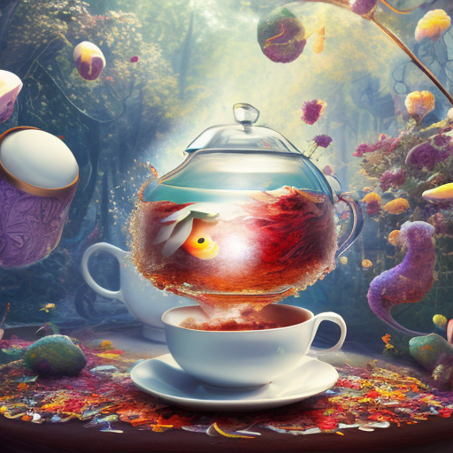 Openjourney prompt: Exploding Tea cup . Alice in - PromptHero