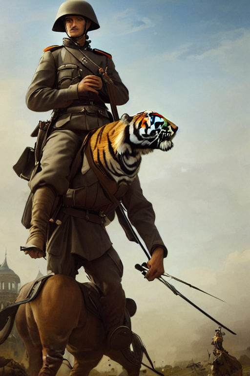 Stable Diffusion prompt: , a man riding a tiger, soldier - PromptHero