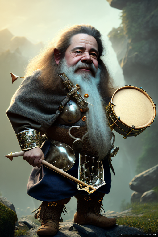 Openjourney prompt: photo of a dwarf bard, drums, - PromptHero