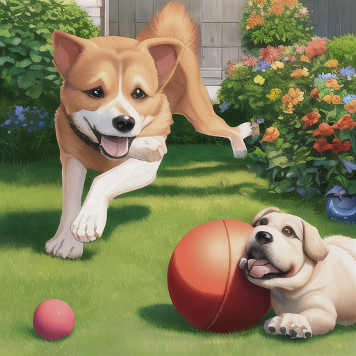 Anything prompt: dogs playing with ball, garden , - PromptHero