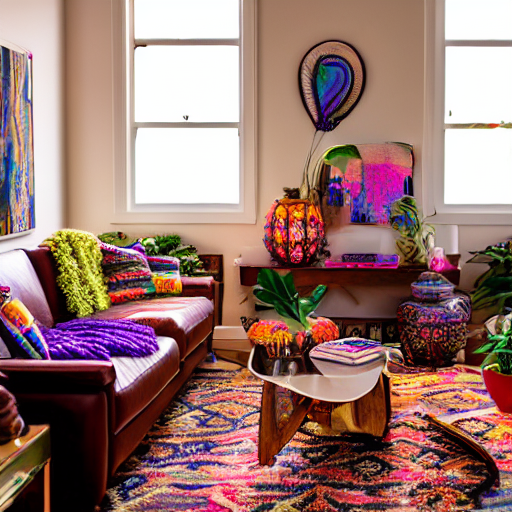 Stable Diffusion prompt: Cozy yet psychadelic living room - PromptHero